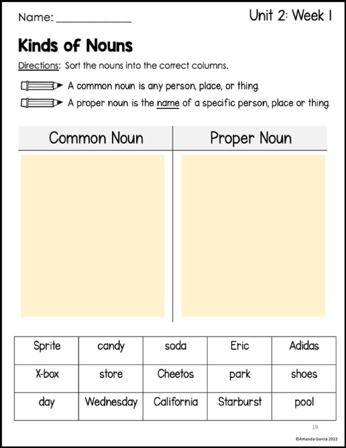 Grammar Unit 2: Weeks 1 & 2 - Nouns and Proper Nouns Activities - Studocu