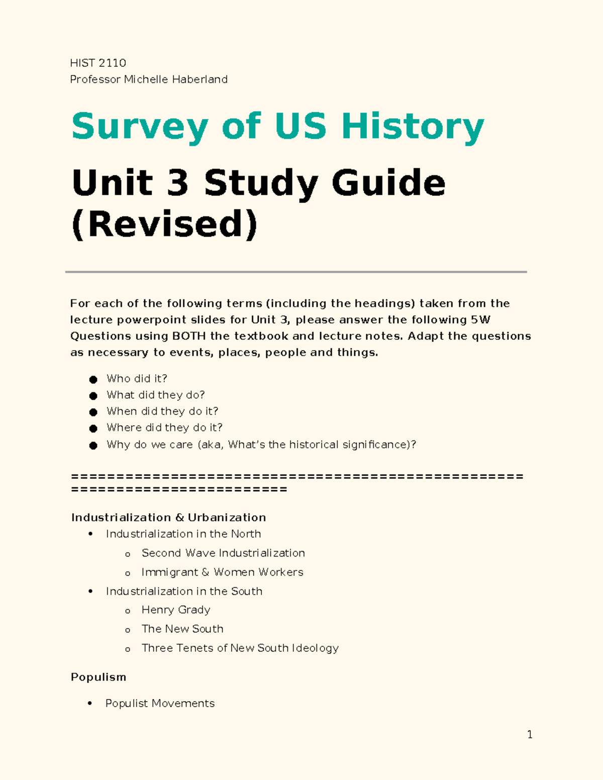 HIST 2110 Unit 3 Study Guide: U.S. History from Industrialization to ...