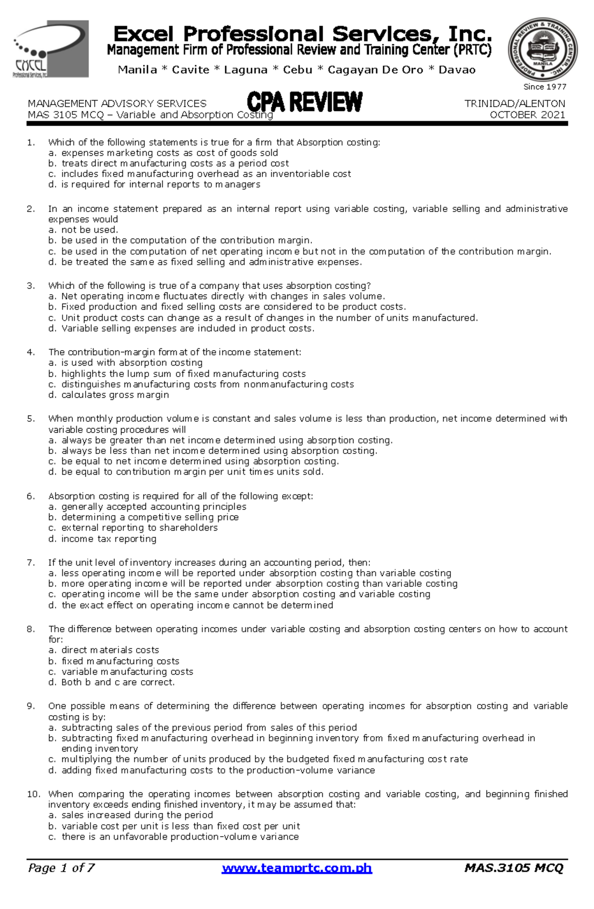 MAS 3105 Variable and Absorption Costing - MCQ - Manila * Cavite ...