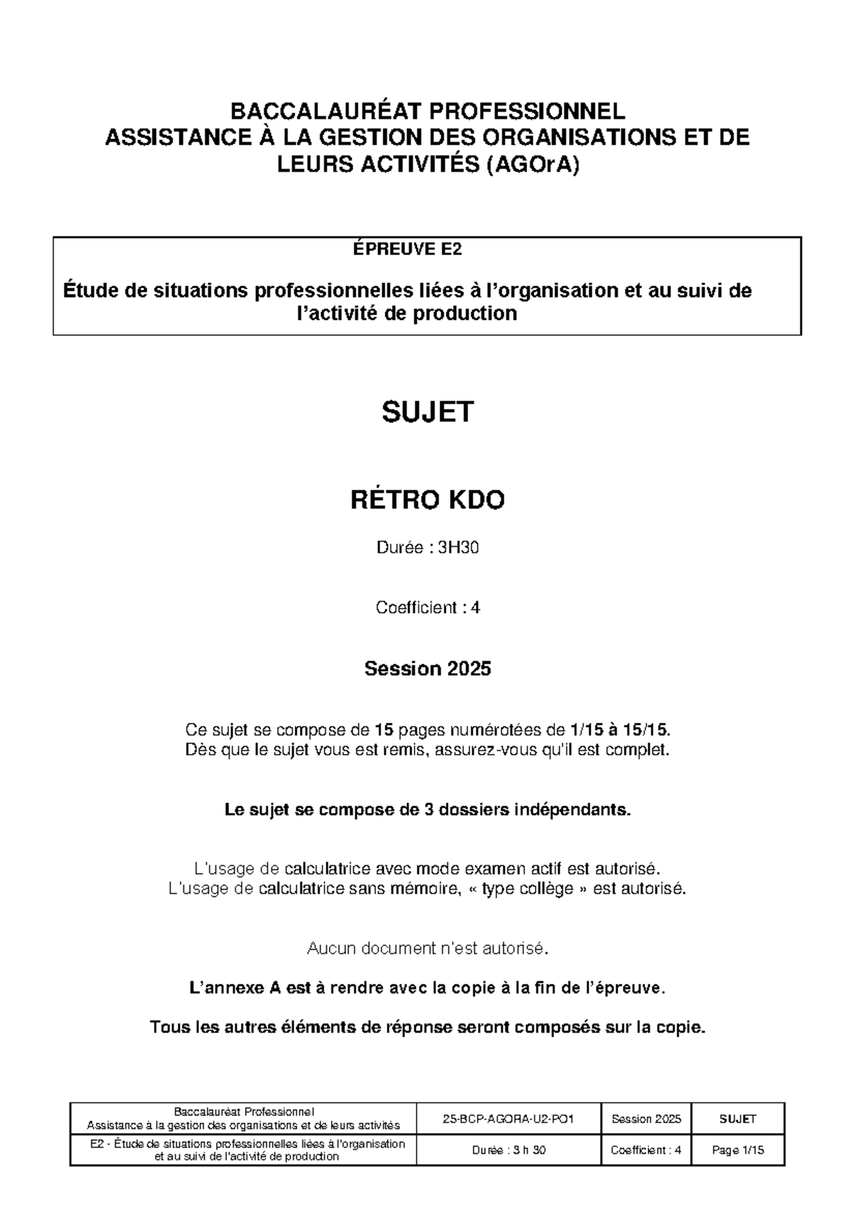 2025-Bac Pro AGOrA: Étude de Situations Professionnelles - Sujet E2 - Studocu