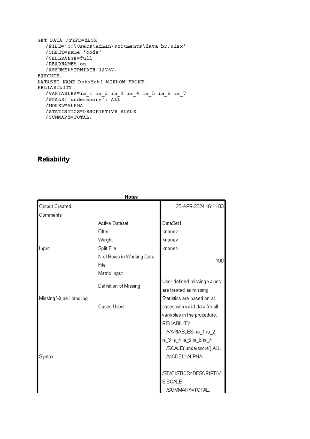 Reliability Analysis Output for DATASET1 (Course Code: STAT101) - Studocu