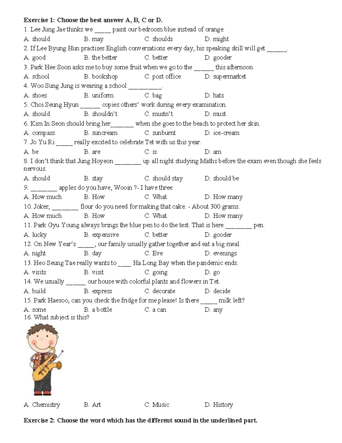 Exercise 1: Multiple Choice Questions A, B, C, or D - Studocu