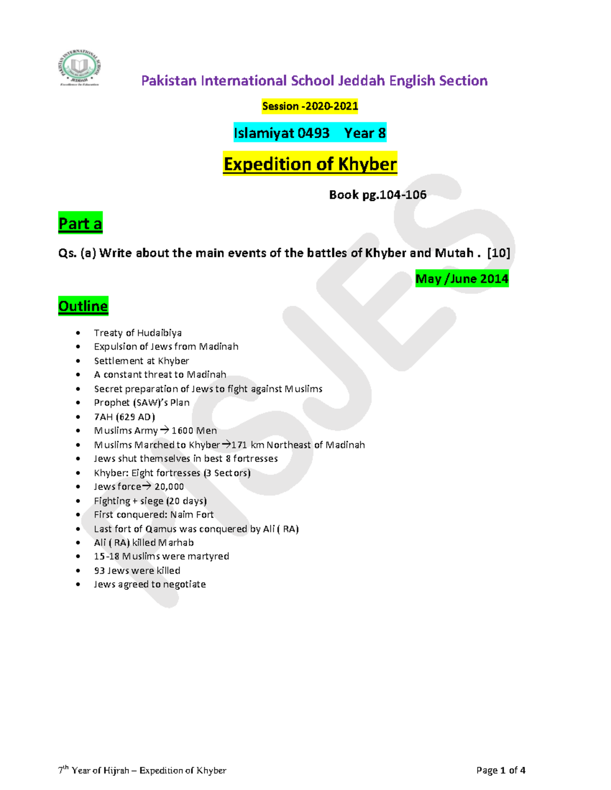 Khyber Expedition Notes - Islamiyat 0493 Year 8 (2014) - Studocu