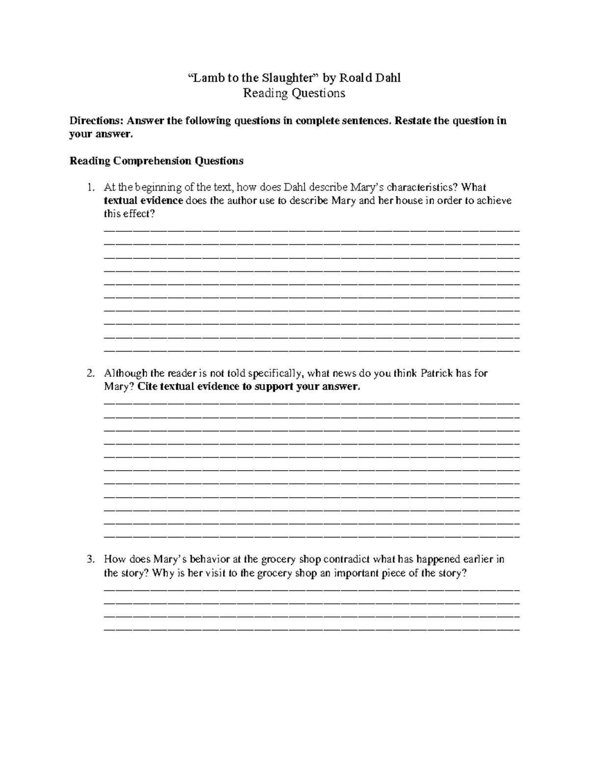 LIT101: Lamb to the Slaughter Reading Comprehension Questions - Studocu