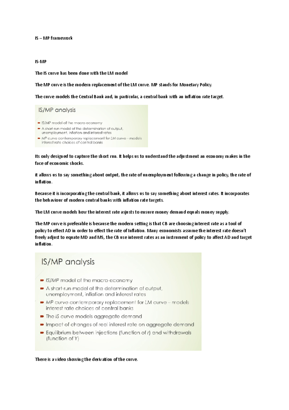 IS-MP framework lecture - IS – MP framework IS-MP The IS curve has been ...