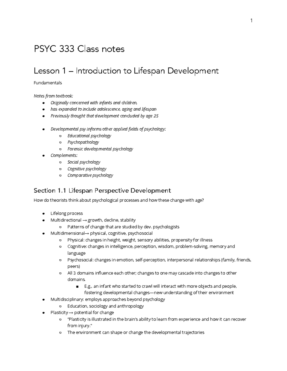 PSYC 333 Class Notes: Lessons on Lifespan Development Fundamentals ...