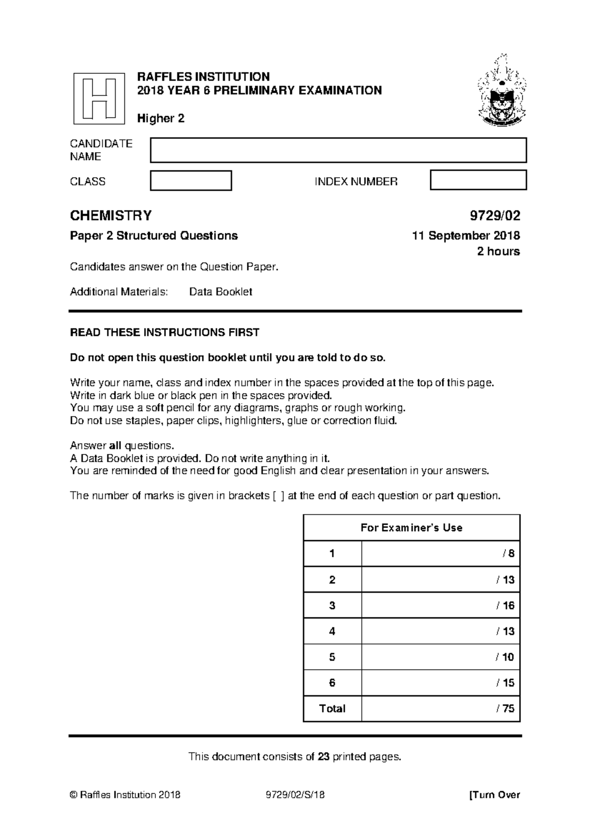 2018 RAFFLES INSTITUTION Year 6 H2 Chemistry Prelim Exam Paper 2 - Studocu