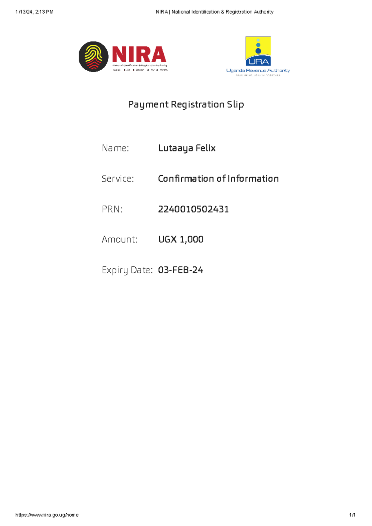 NIRA - Payment Registration Slip for Confirmation of Info - Studocu