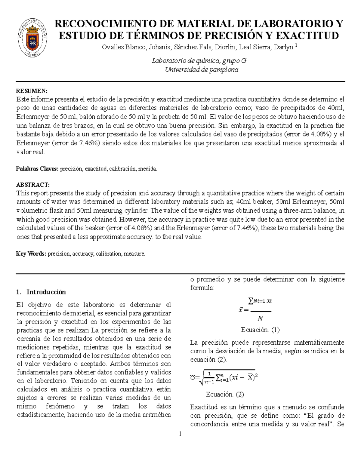 Práctica 3: Estudio de Precisión y Exactitud en Laboratorio de Química ...
