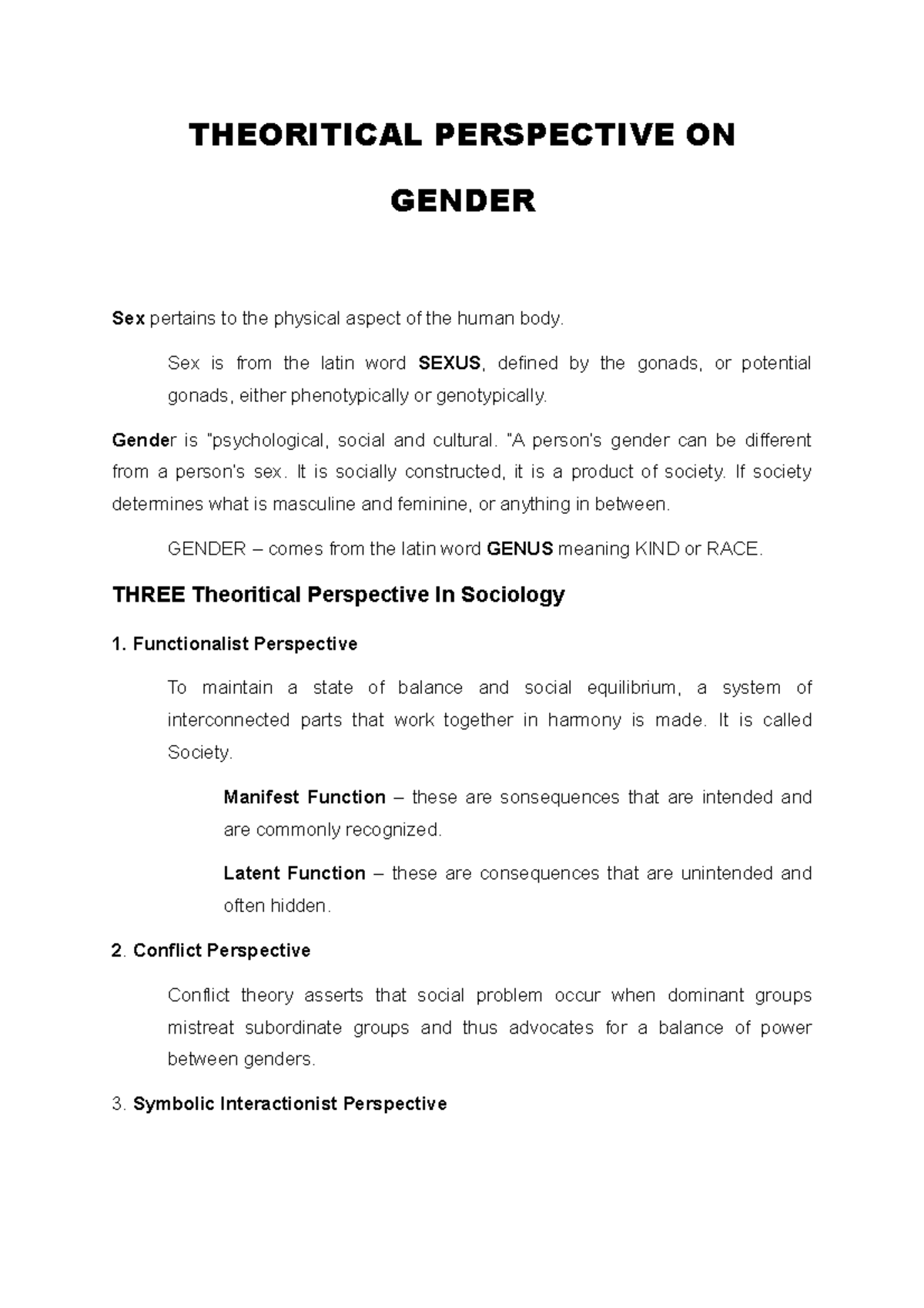 Gender and Society - Chapter 1-3 Overview and Theoretical Perspectives ...