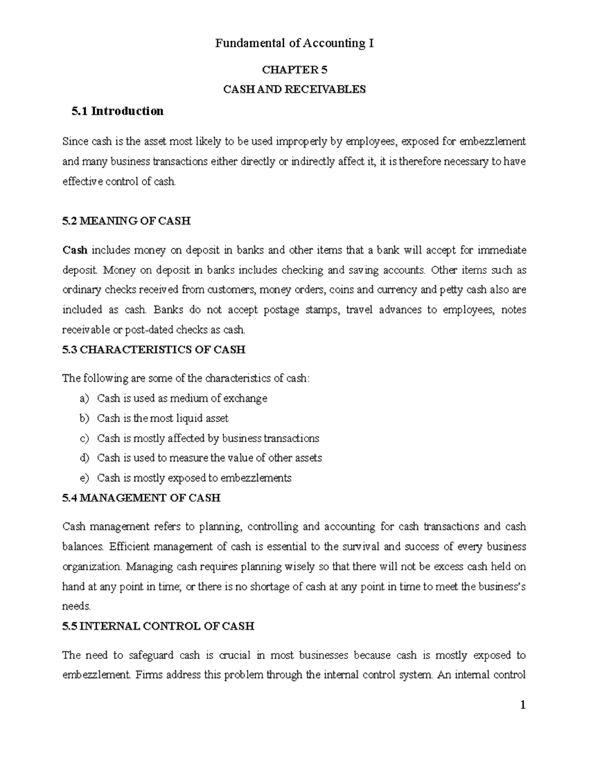 Chapter 5: Cash & Receivables Management in Accounting (ACCT 101) - Studocu