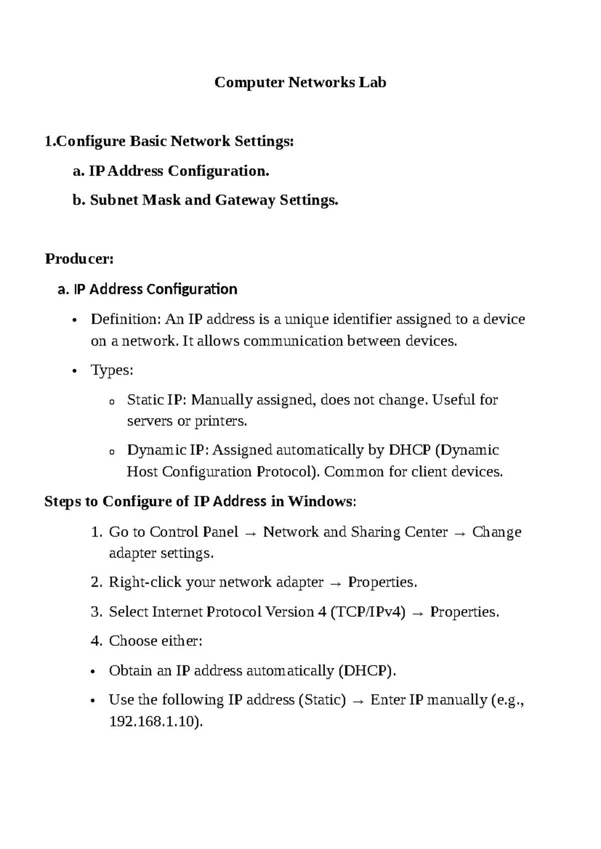 Computer Networks Lab 1: Configuring IP, Subnet, and Gateway Settings ...