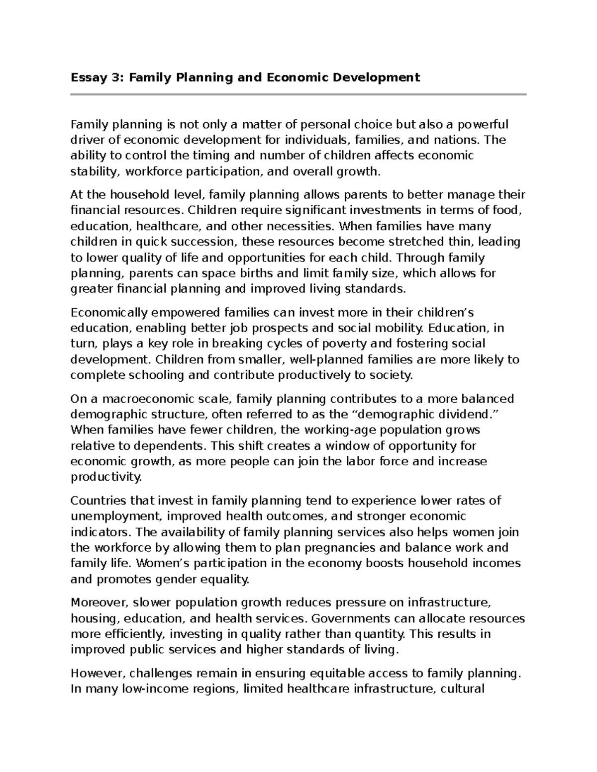 Essay 3: Family Planning's Role in Economic Development - Studocu