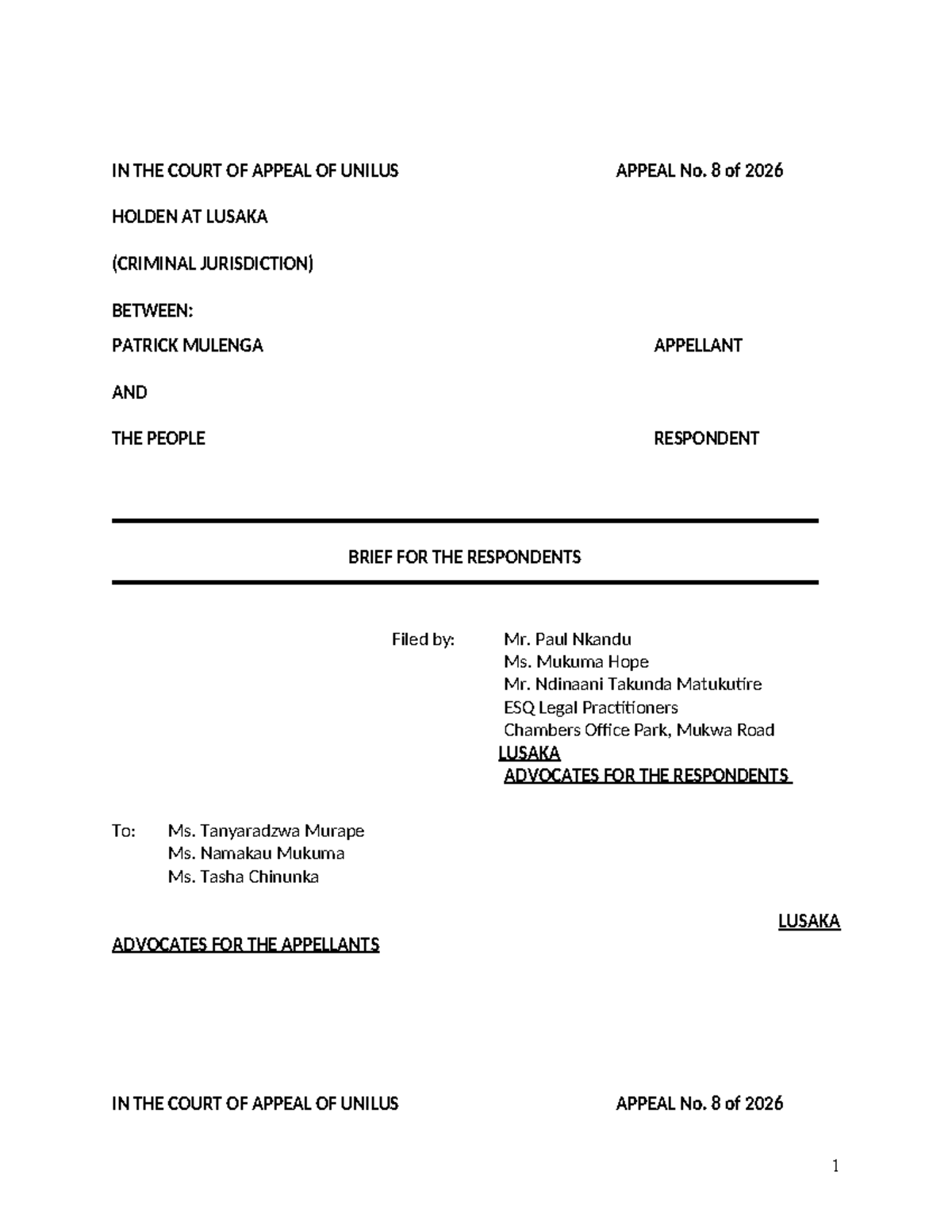 Moot Court Case Study: Appeal No. 8 of 2026 - Patrick Mulenga - Studocu