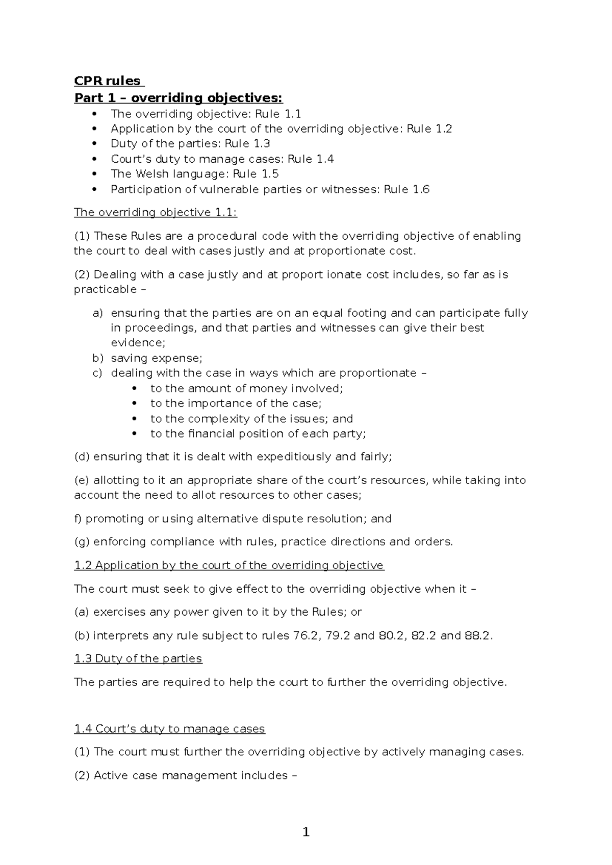 CPR Rules Part 1: Overriding Objectives and Case Management - Studocu