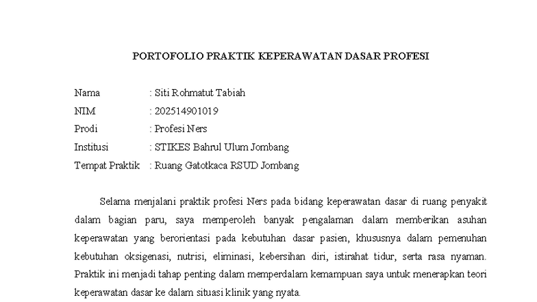 Portofolio Praktik Keperawatan Dasar Profesi Ners KDM - Studocu