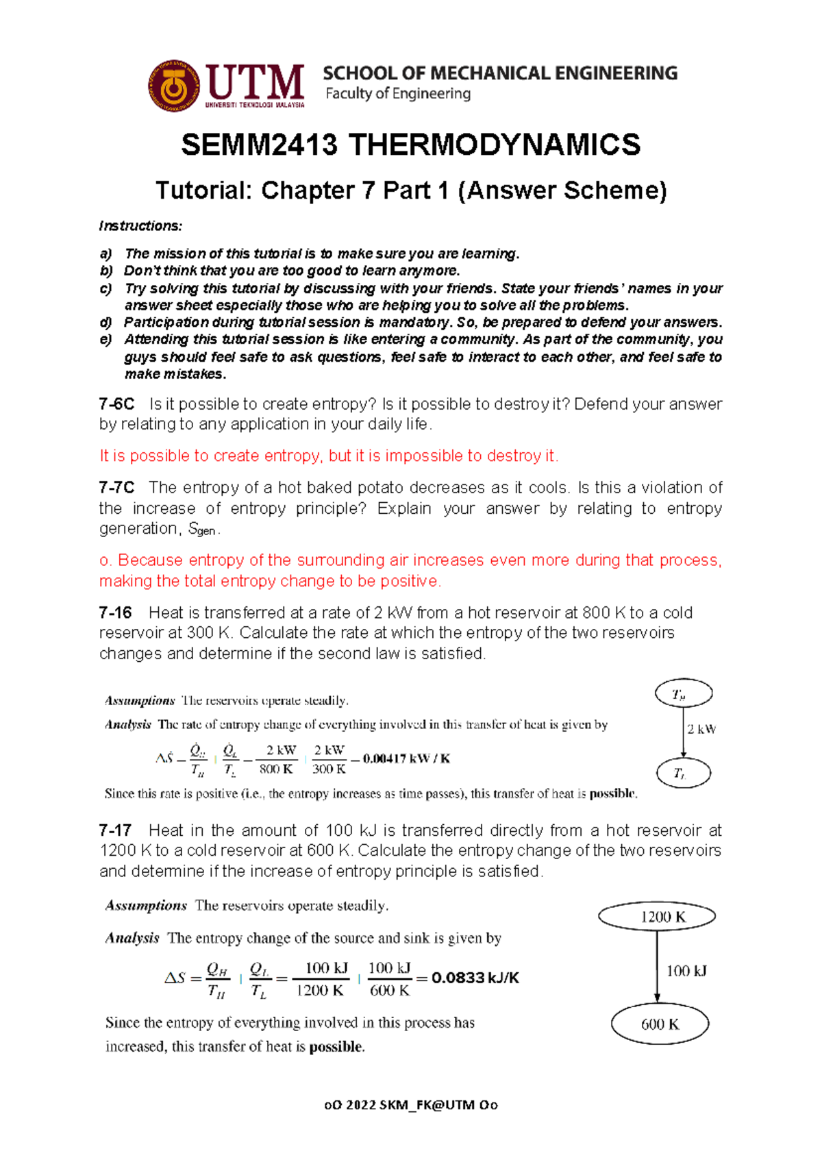 Tutorial CH7 Part 1 - Answer Scheme - SEMM 2413 THERMODYNAMICS Tutorial ...