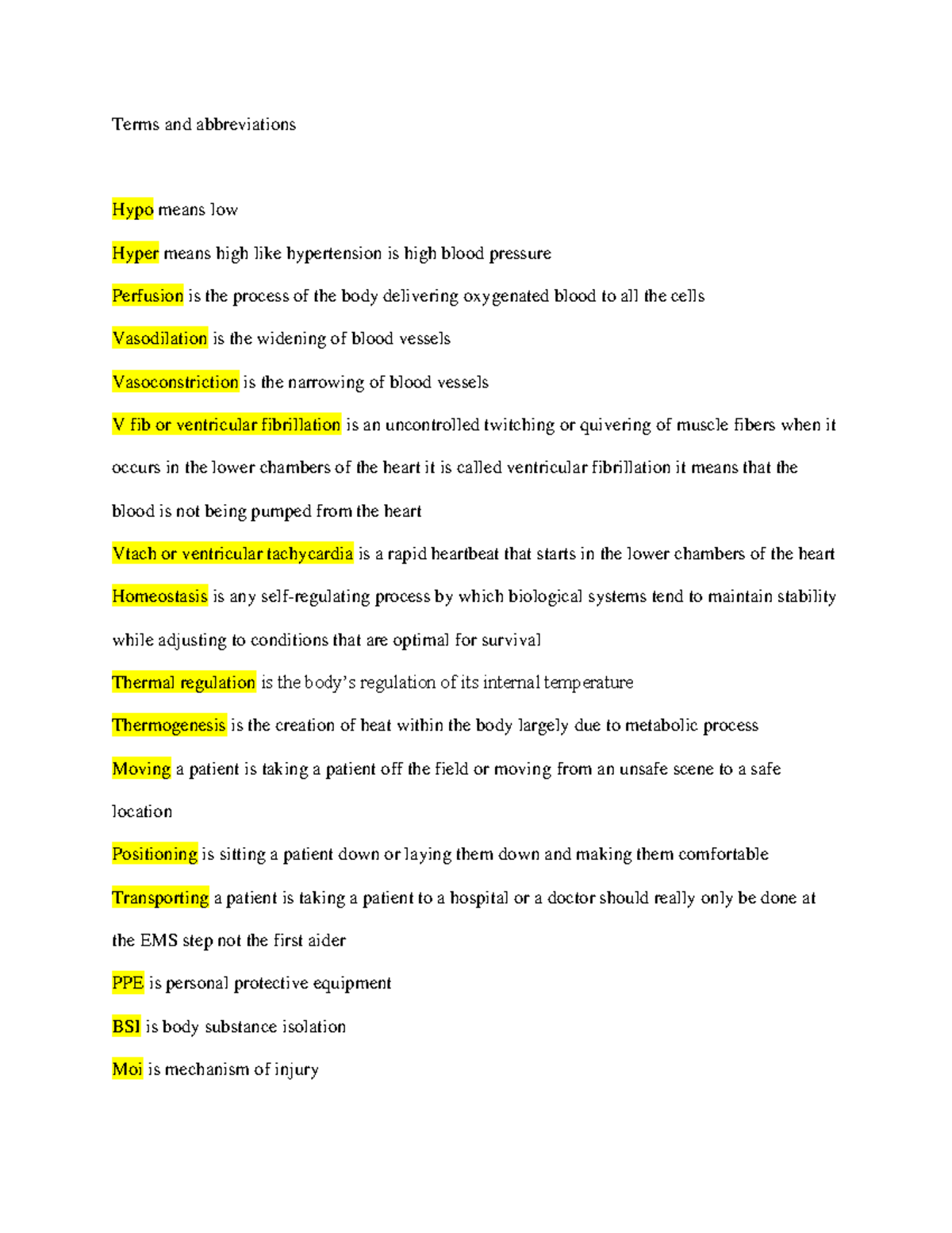 First aid terms and abbreviations - Terms and abbreviations Hypo means ...