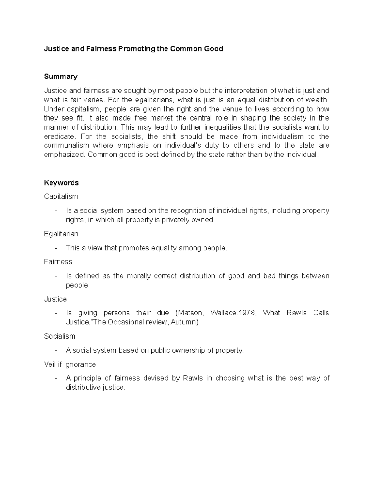 Justice and Fairness Promoting the Common Good Summary and Keywords - Justice and Fairness ...