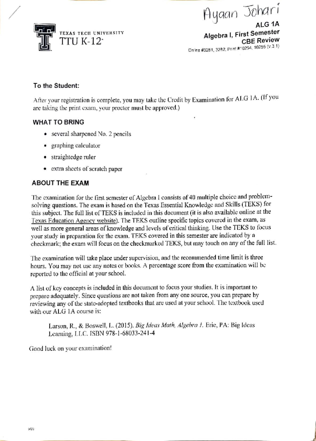 ALG 1B CBE Review: Algebra I Semester 2 Exam Study Guide - Studocu