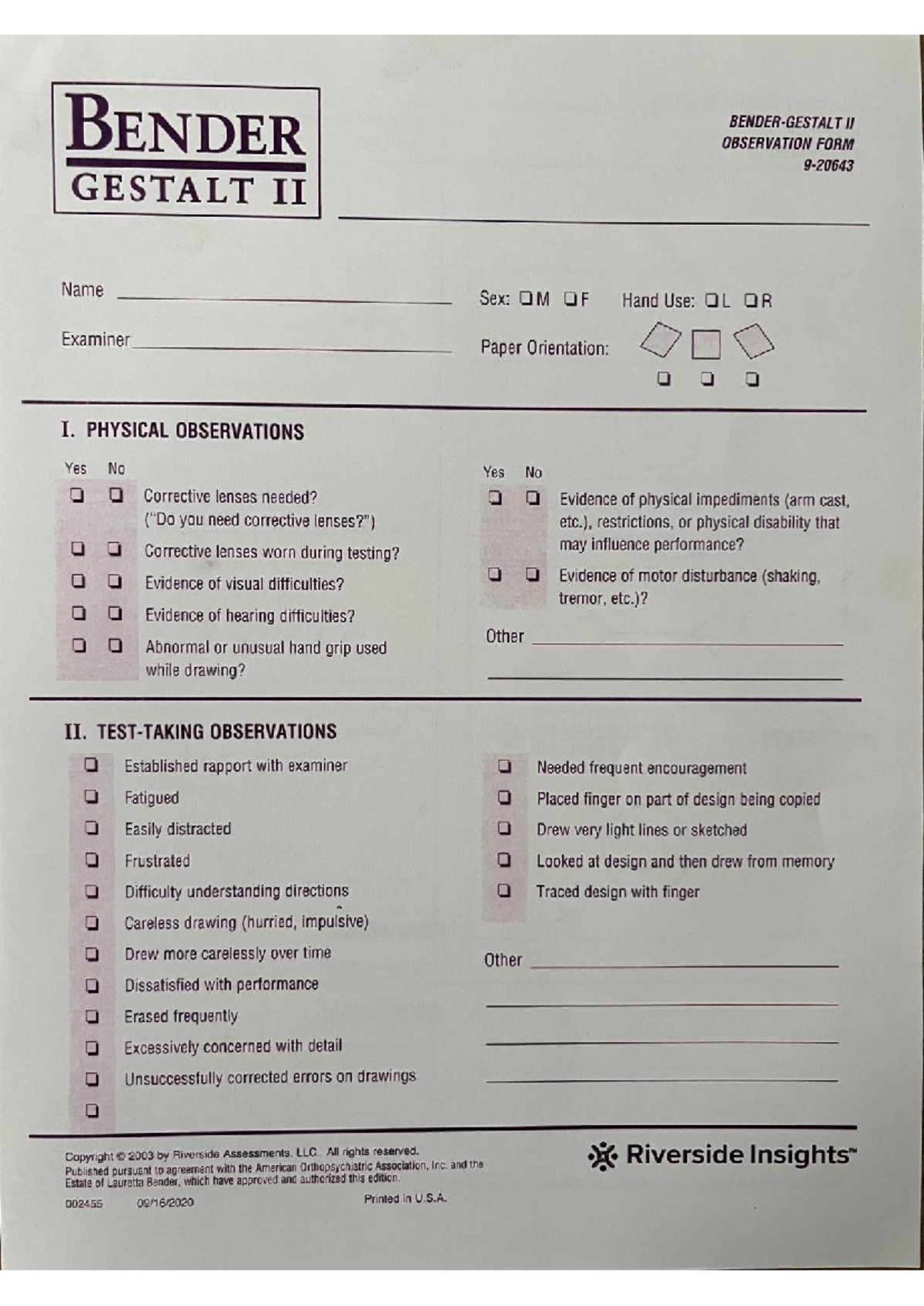 BGT Motor Perception Test: Bender II Observation Form - Studocu