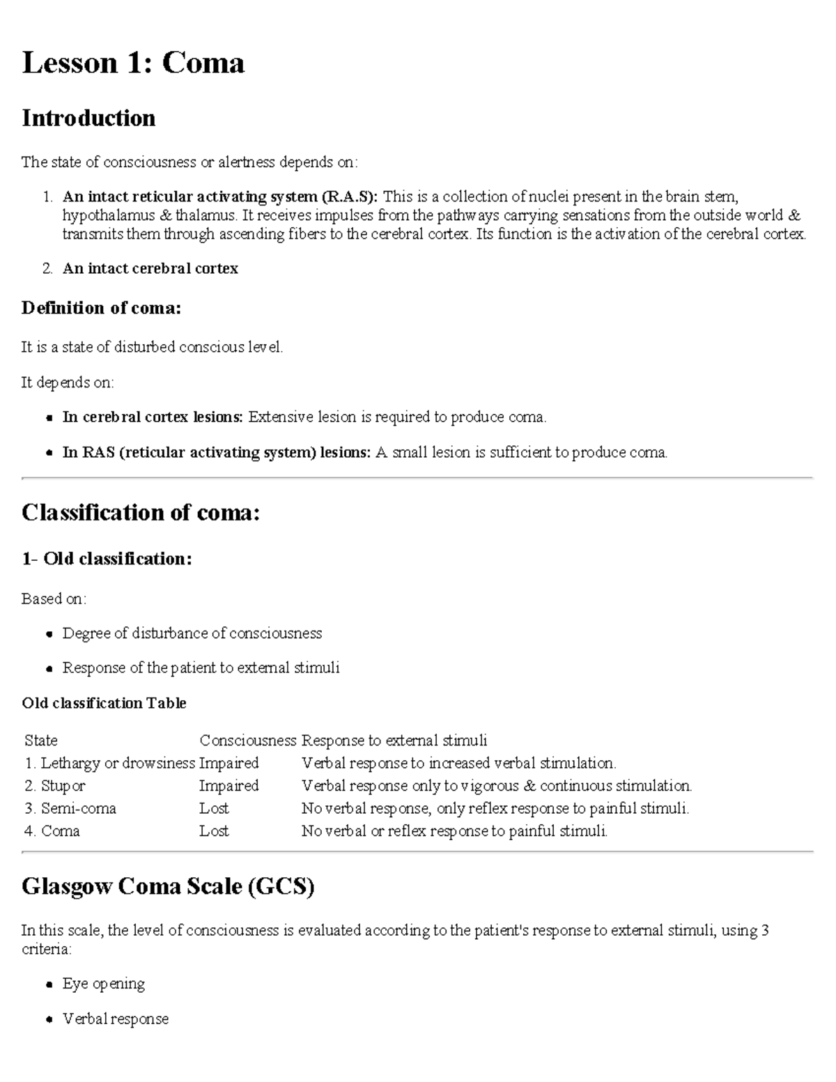 Lesson 1: Coma Overview, Diagnosis, and Treatment (ICU) - Studocu