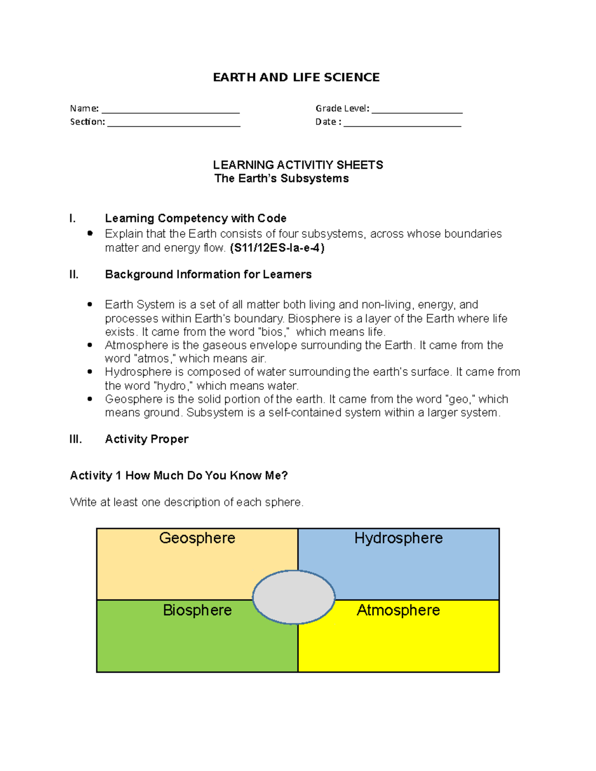 LAS 10 2 - Learning Activity Sheets on Earth's Subsystems for Grade 11 ...