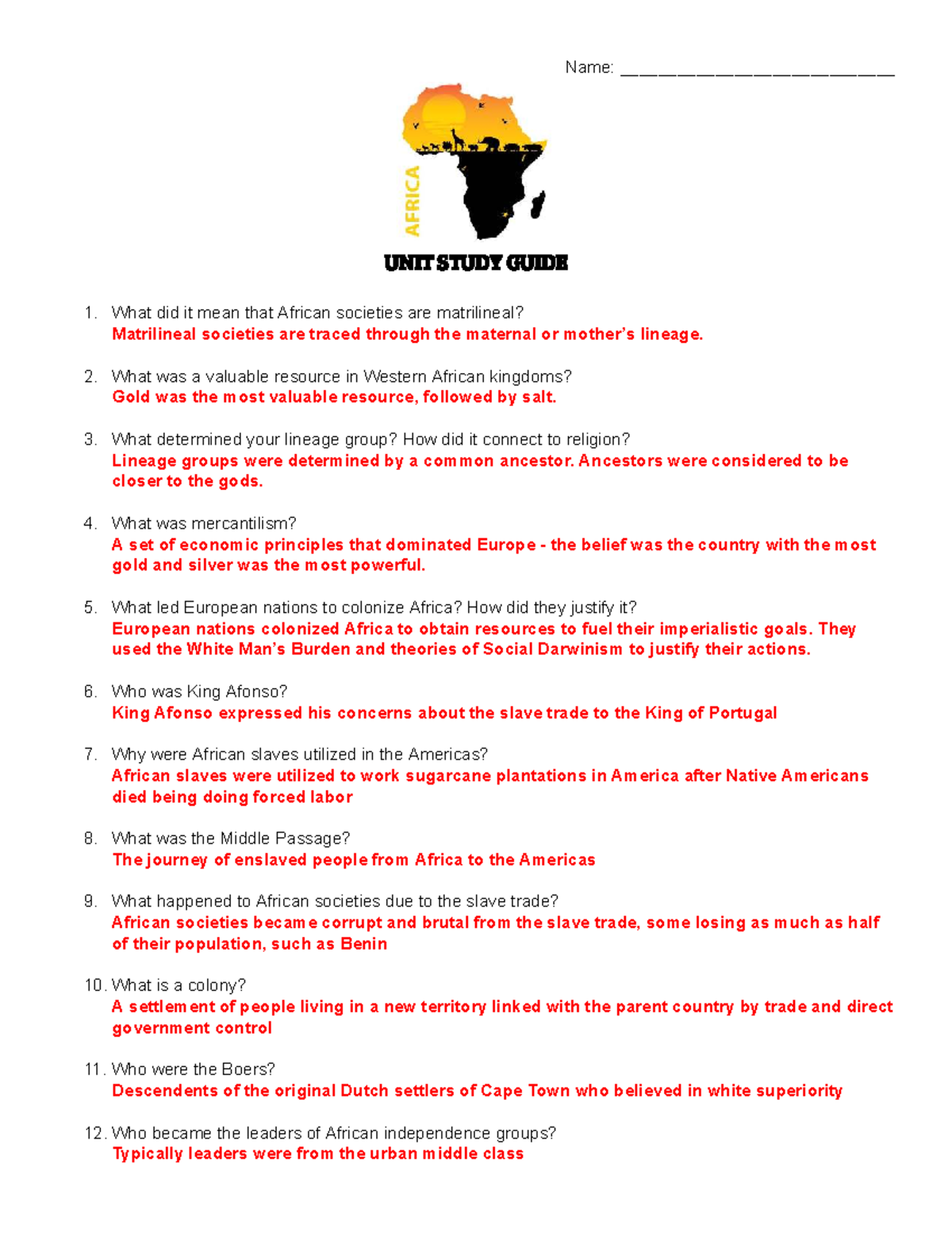 Africa Unit Study Guide: Key Concepts and Historical Insights - Studocu