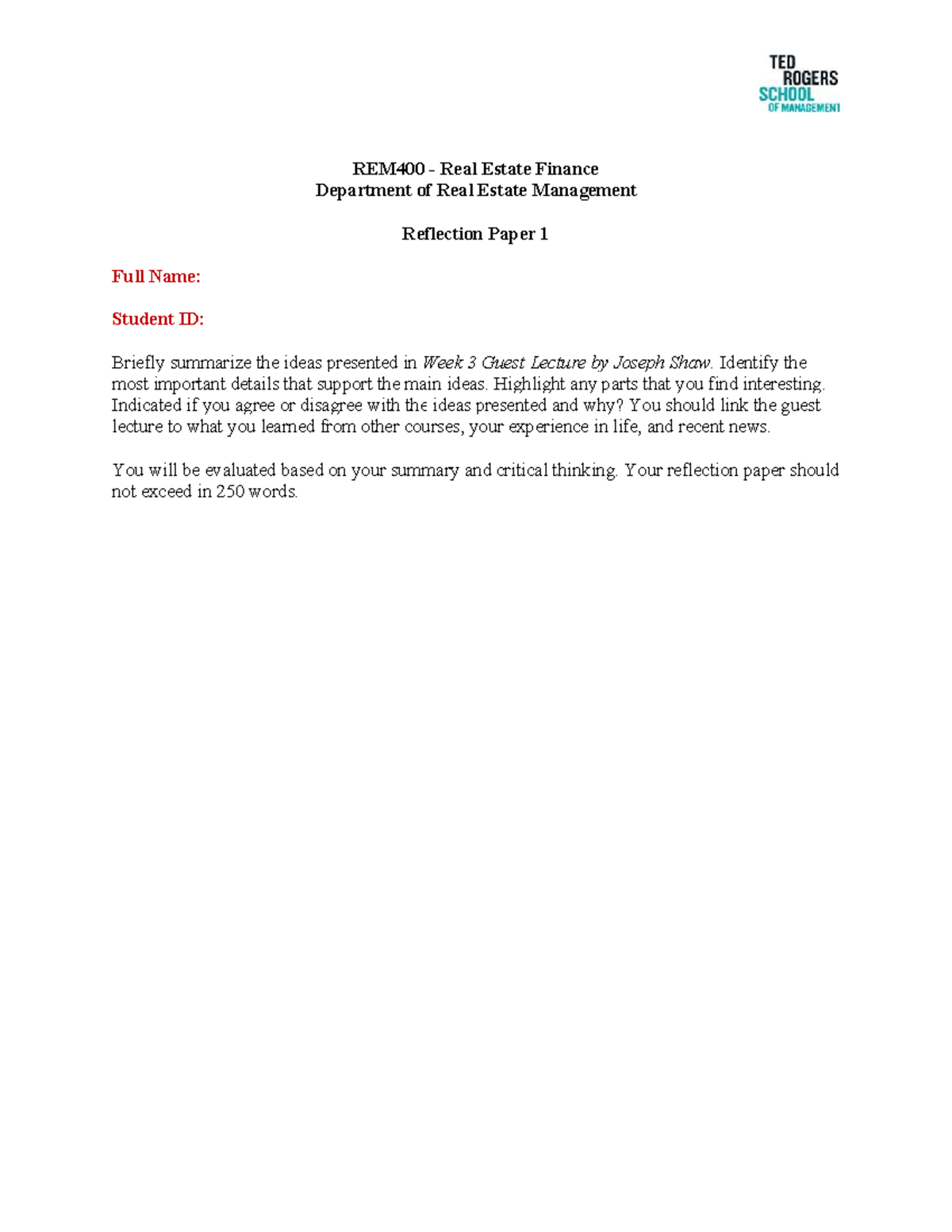 REM400-W2026 Reflection paper - REM400 - Real Estate Finance Department ...