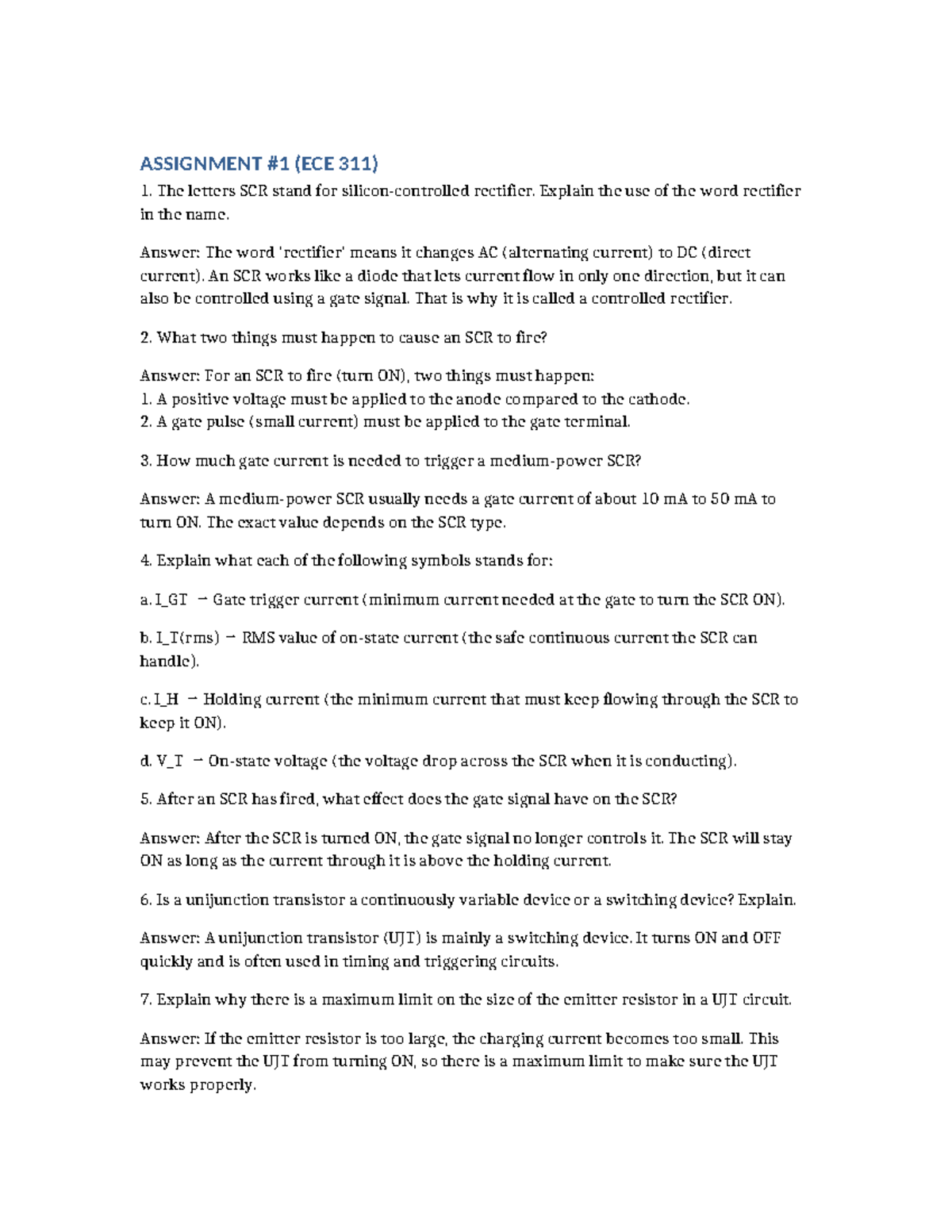 ECE 311 Assignment 1: Understanding SCRs and UJTs - Studocu