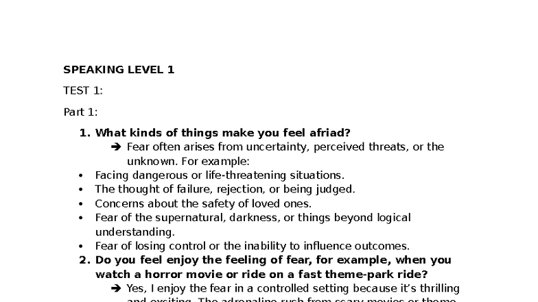 Speaking TEST Level 1 - SPEAKING LEVEL 1 TEST 1: Part 1: 1. What kinds ...