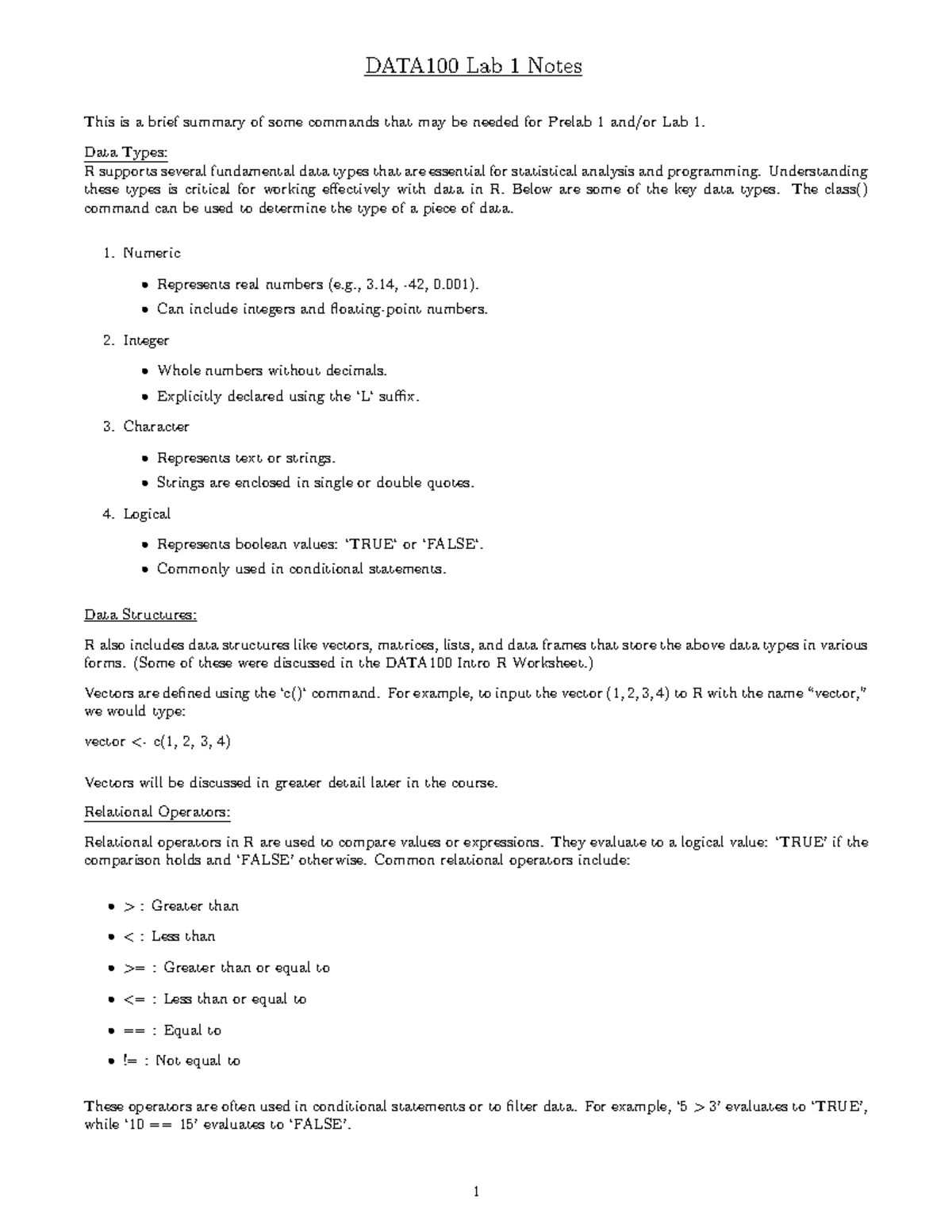 DATA100 Lab 1: Essential R Commands and Data Types Summary - Studocu