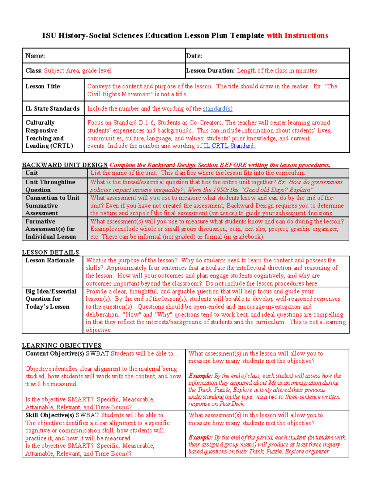 Lesson Plan Template with Instructions 2024 - ISU History-Social ...