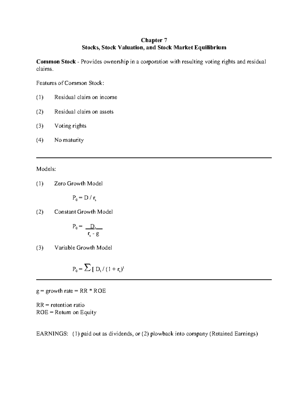 Lecture notes, lecture 7 - Chapter 7 Stocks, Stock Valuation, and Stock ...