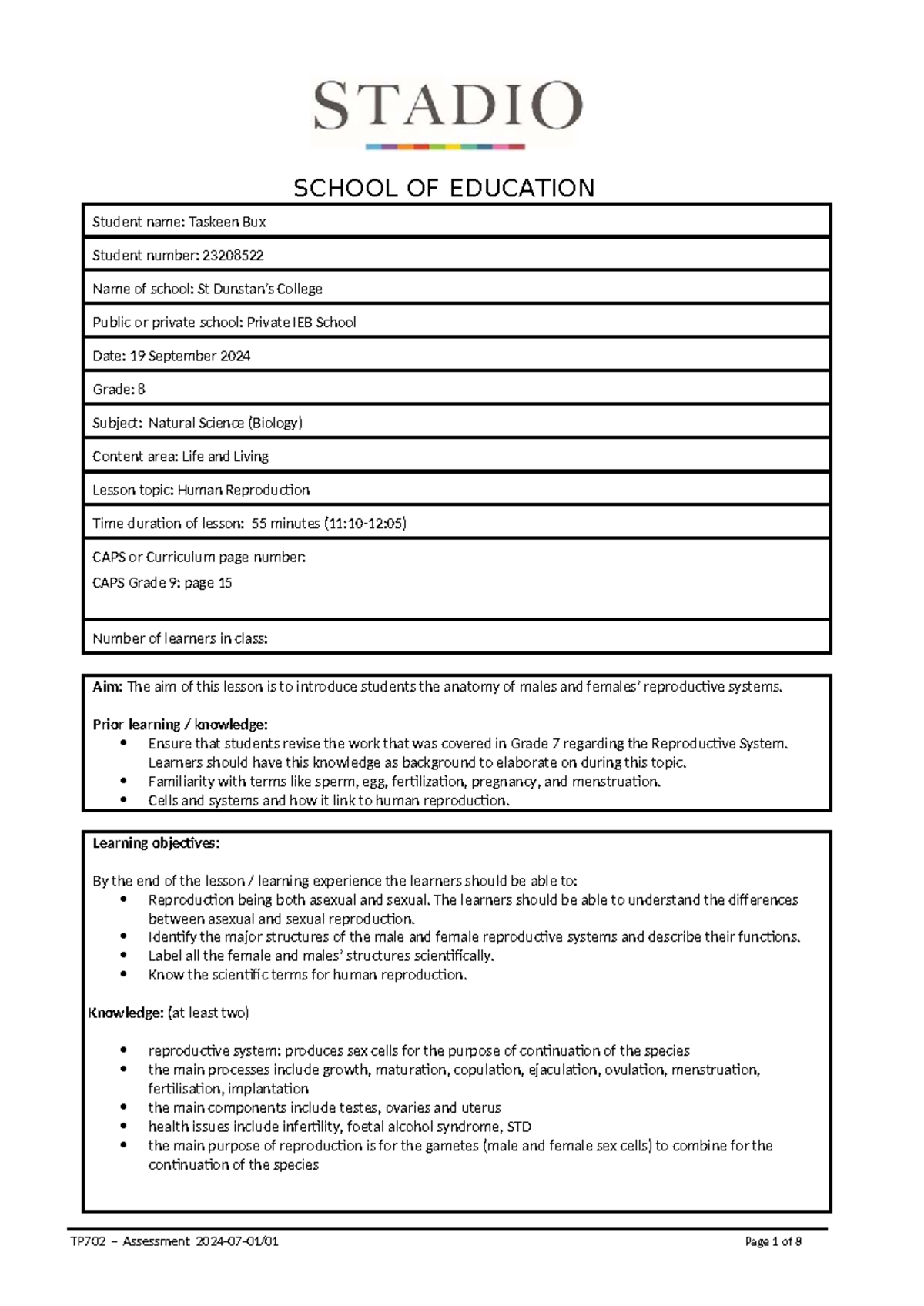 TP702 Lesson Plan: Human Reproduction in Grade 8 Natural Science - Studocu