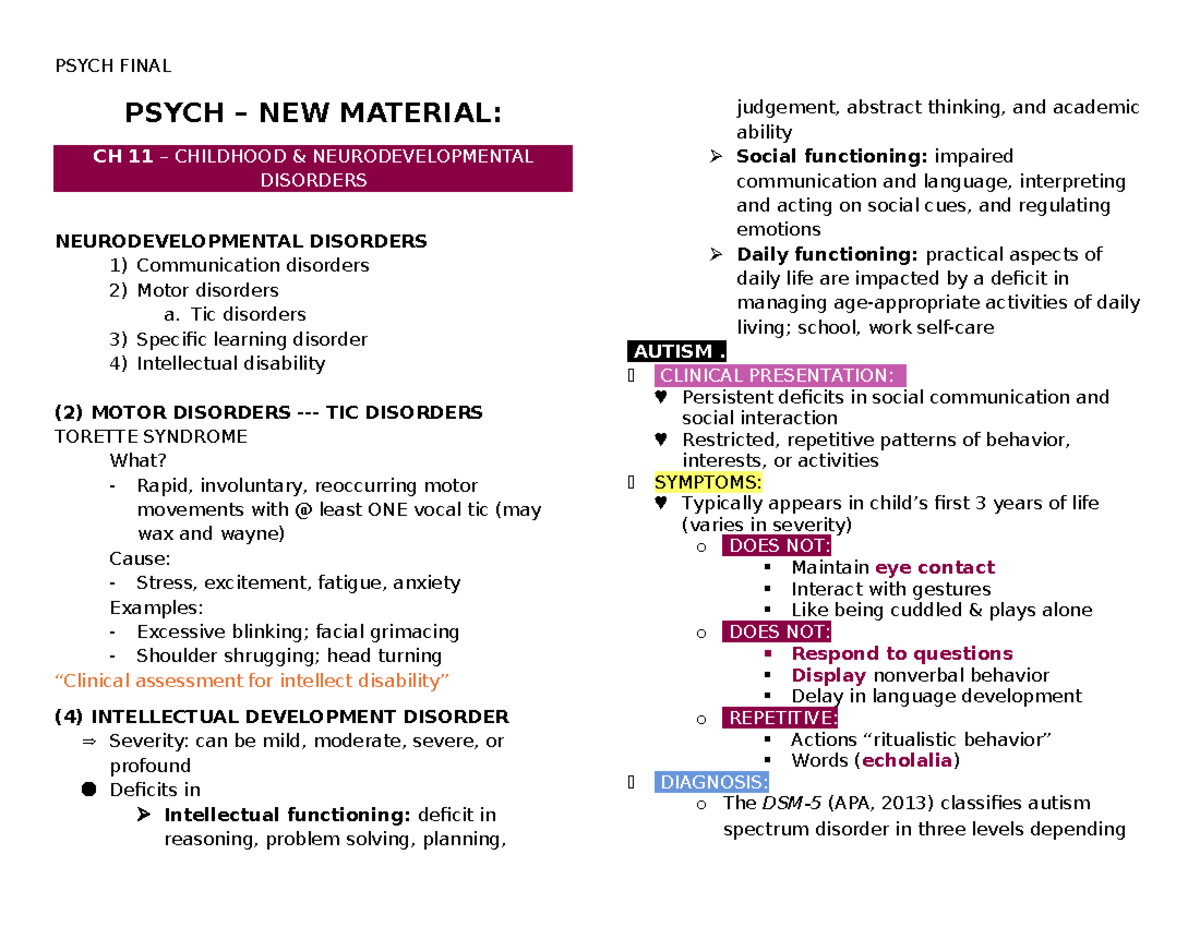 PSYCH 101 FINAL REVIEW: CHILDHOOD NEURODEVELOPMENTAL DISORDERS - Studocu