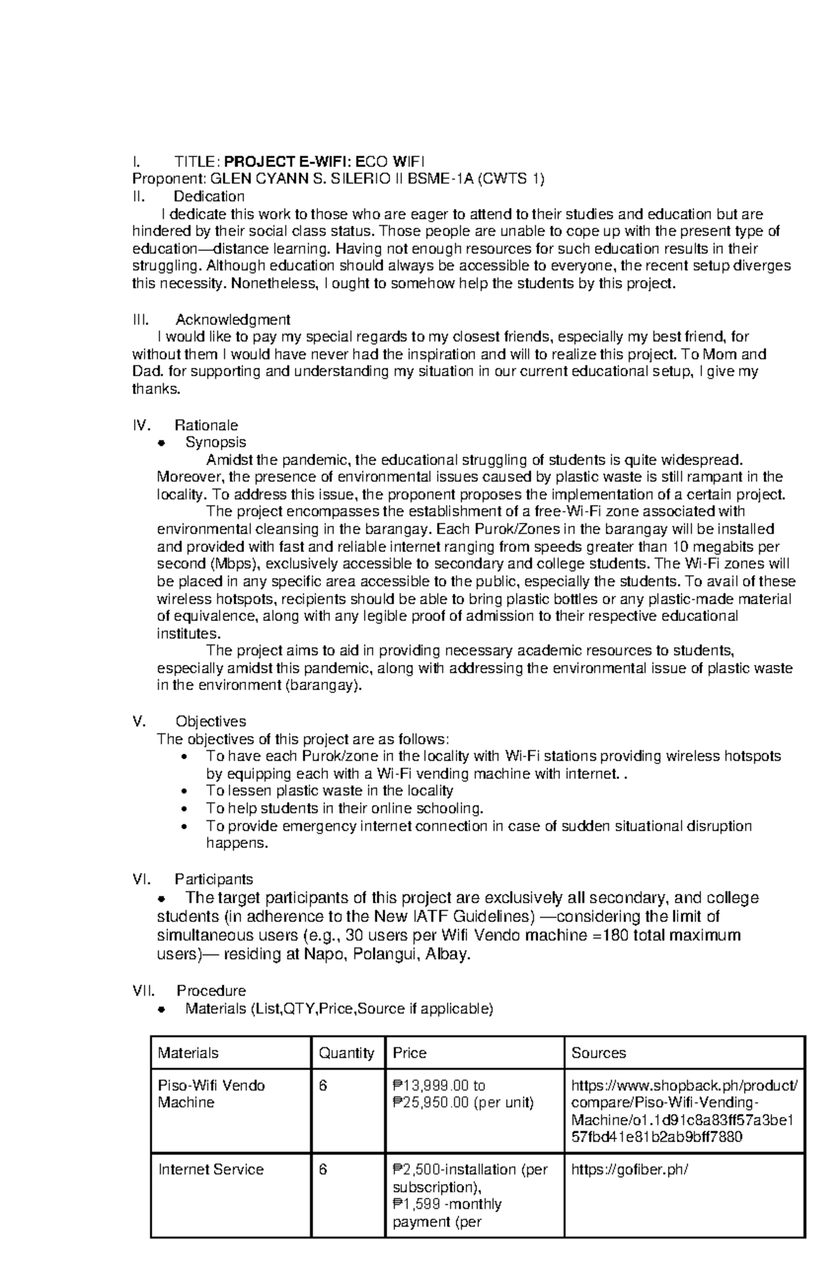 Draft Project Proposal for E-WIFI Initiative by Silerio (CWTS 1) - Studocu