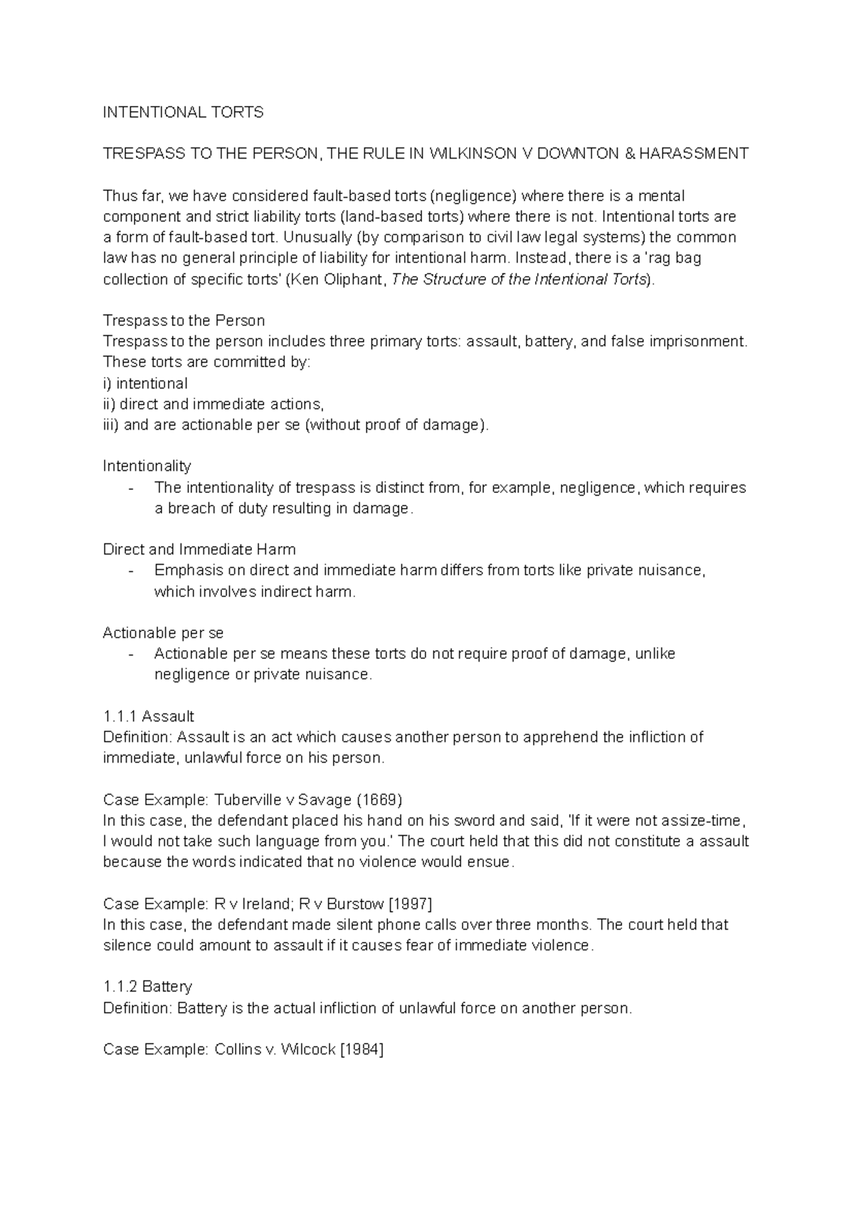 TRT Intentional Torts: Trespass to the Person & Key Case Law - Studocu
