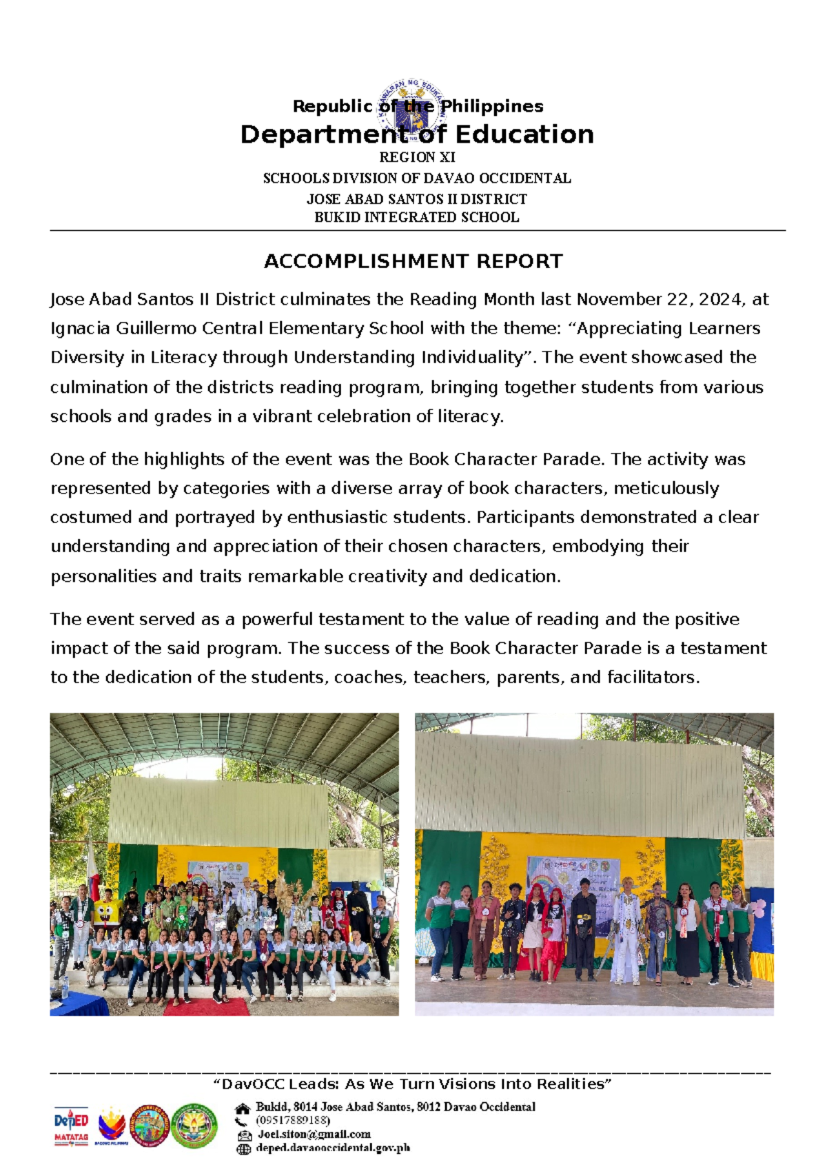 Accomplishment Report on Book Character Parade in Reading Month - Studocu
