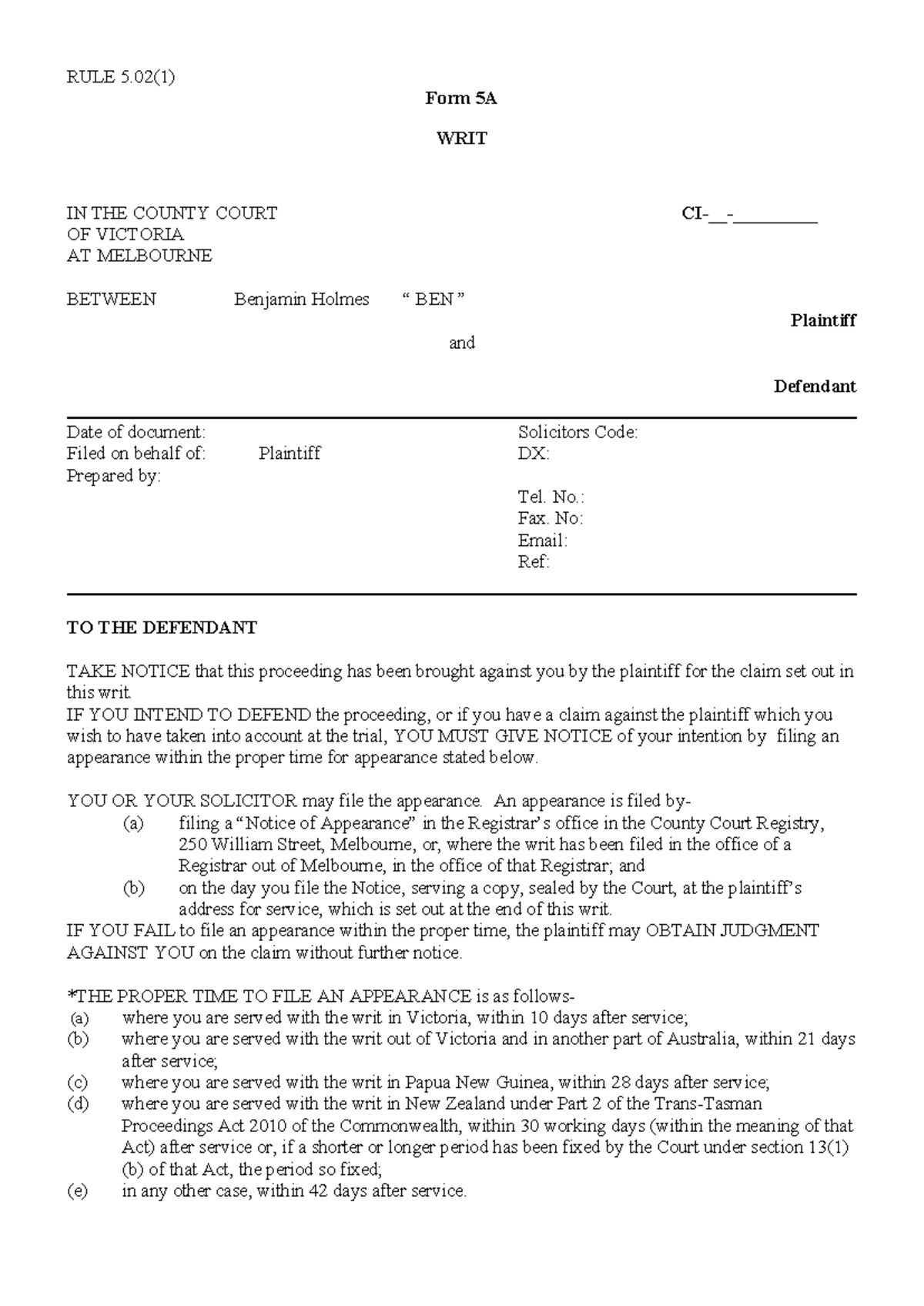CI-__-_________ Writ Form Sample for Class Use in County Court - Studocu