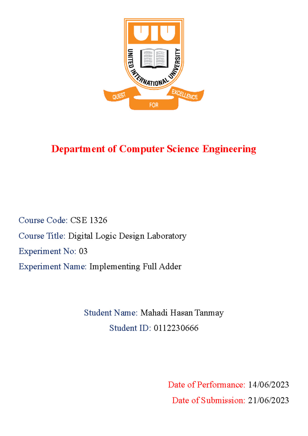 Lab-3 (Implementing Full Adder) - Department of Computer Science Engineering Course Code: CSE ...