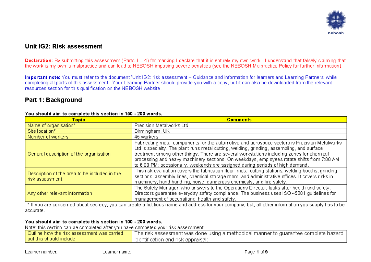 Final Assessment Report for Unit IG2: Risk Assessment Submission - Studocu