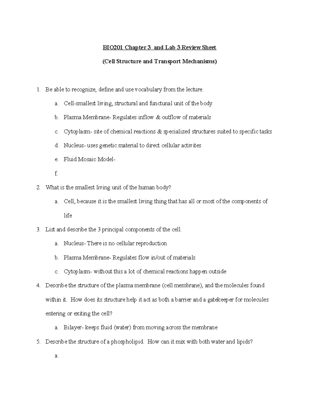 BIO201 Chapter 3 & Lab 3 Review: Cell Structure & Transport - Studocu