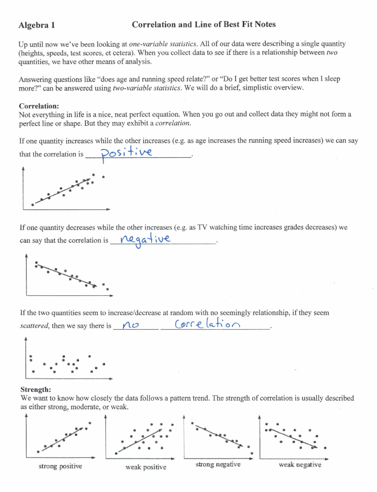 Correlation and Lo BF Notes - Algebra 1 Correlation and Line of Best ...