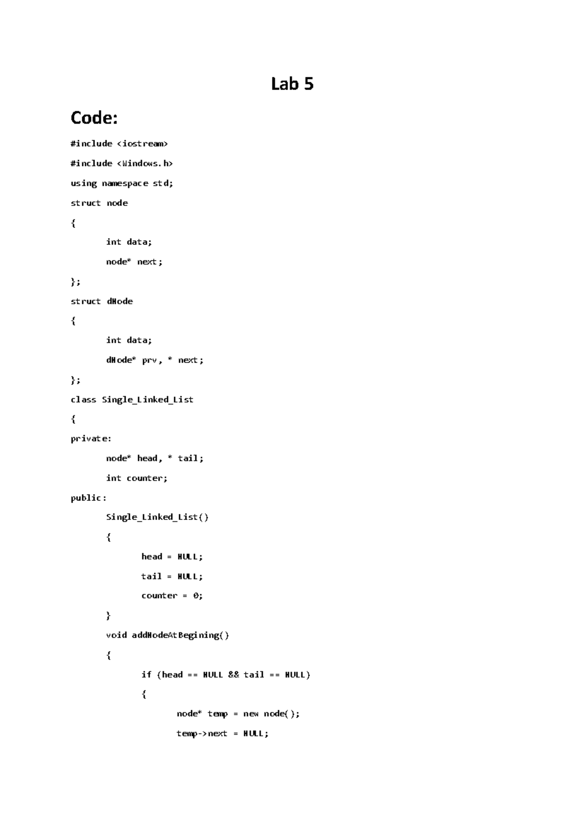 Lab 5: Implementation of Single & Doubly Linked Lists in C++ - Studocu