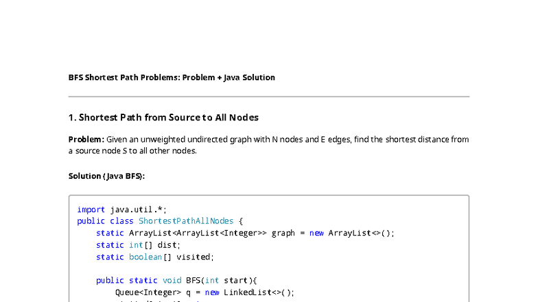BFS Shortest Path Problems: Java Solutions for Graphs and Mazes - Studocu