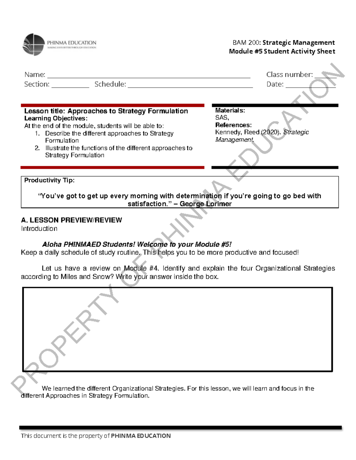 BAM 200: Strategic Management Lesson on Strategy Formulation Approaches ...