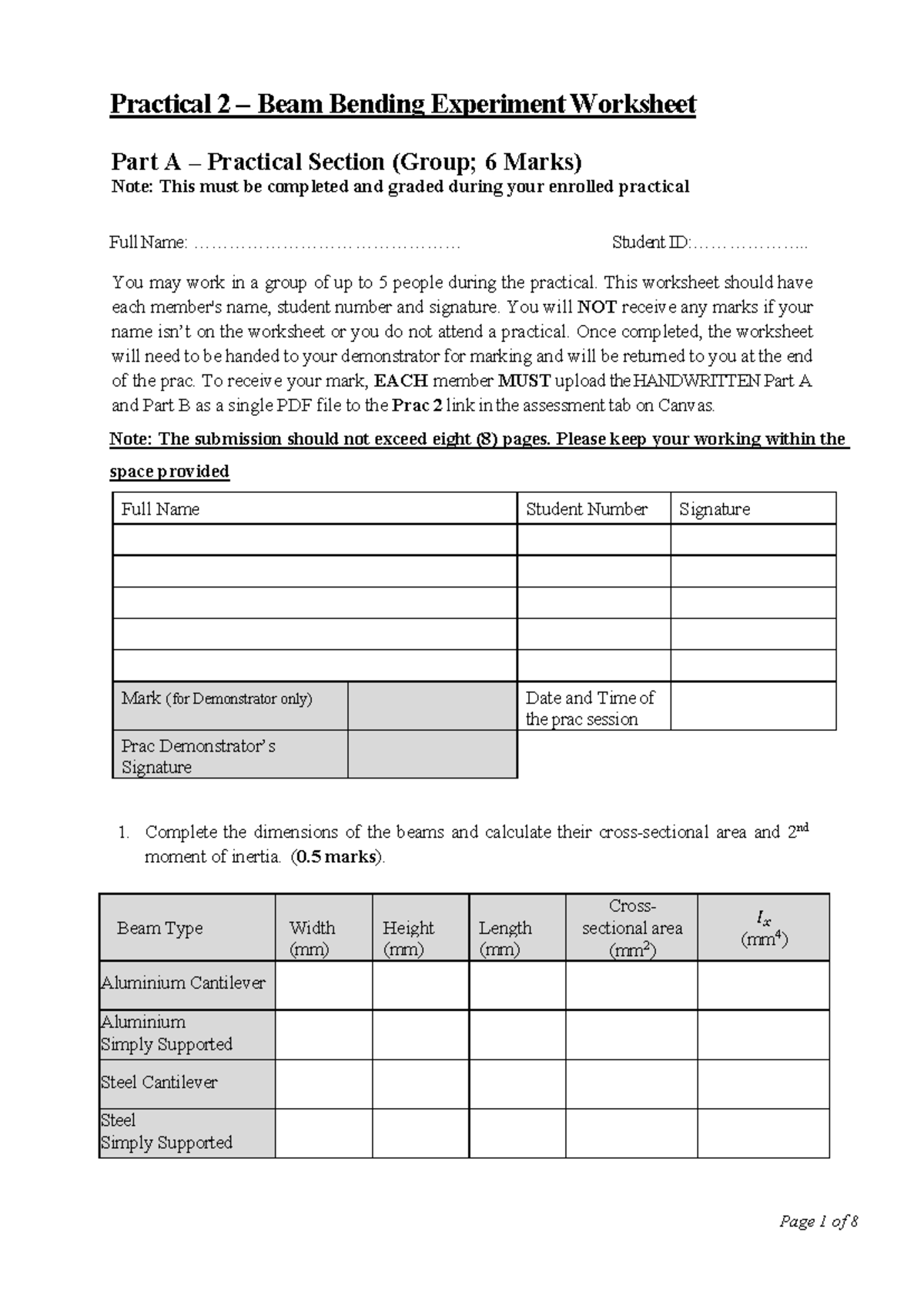 EGB121 Prac 2 Beam Bending Experiment Worksheet Part A & B - Studocu