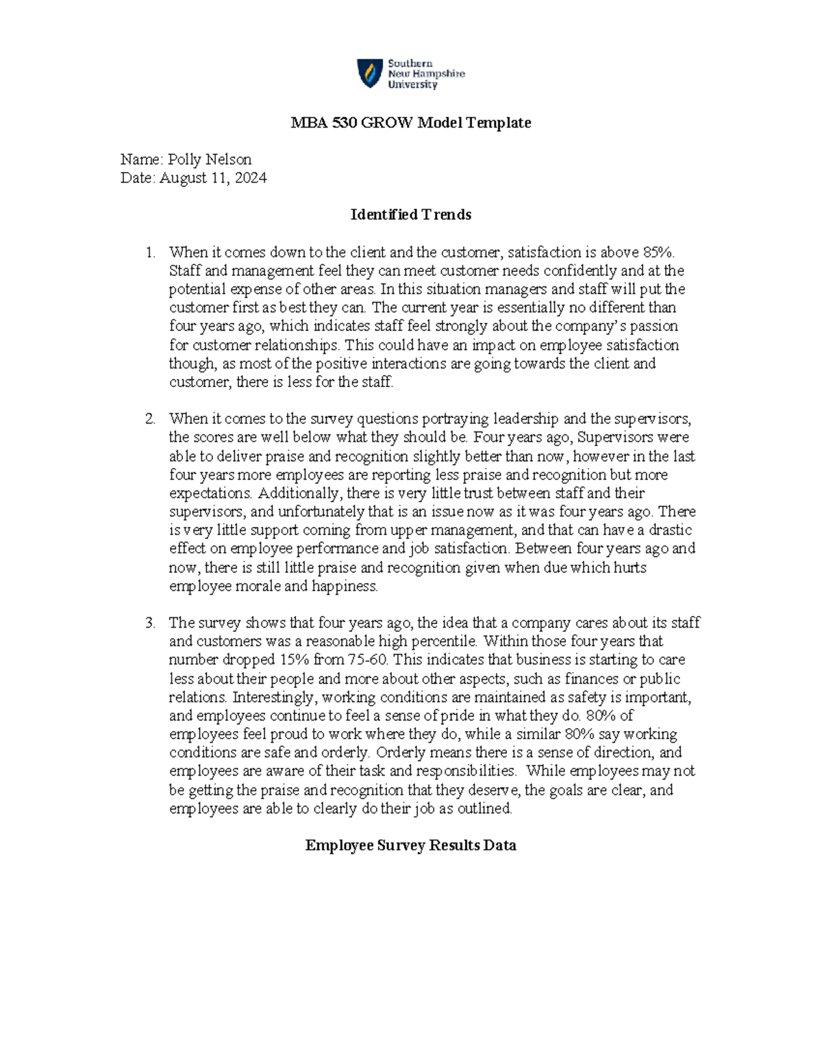 MBA 530 GROW Model Template: Analysis of Employee Satisfaction Trends ...