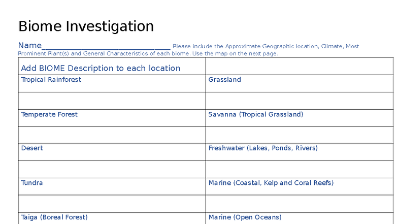 Biome Investigation - Biome Investigation Name ...